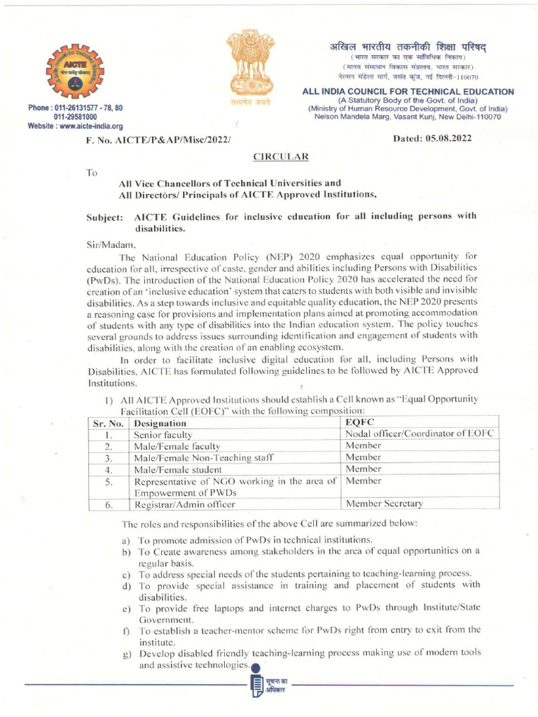 Circular-AICTE Guidelines For Inclusive Education For All Including Persons With Disabilities | PDF