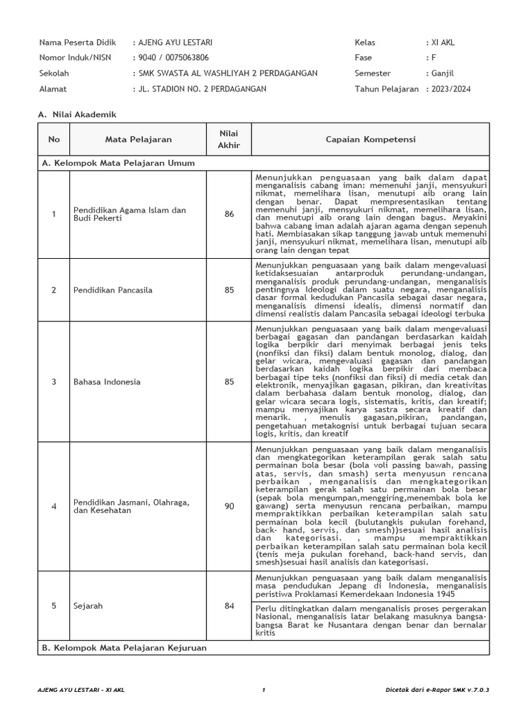 Rapor Ajeng Ayu Lestari - Xi Akl | PDF