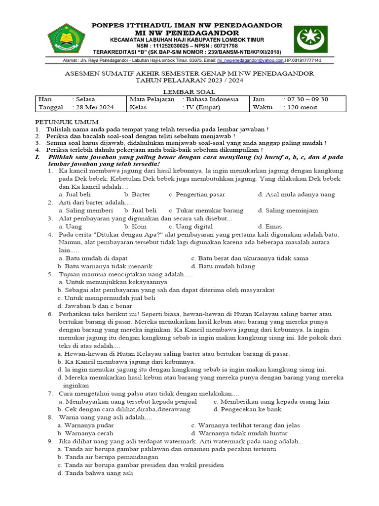 Soal Asesmen Akhir BHS Indonesia KLS Iv TP 2023-2024 | PDF | Kajian Bahasa Asing