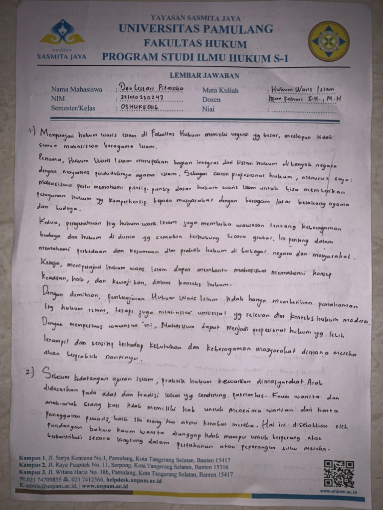 Dea Lestari Pitaloka - UTS - Hukum Waris Islam | PDF