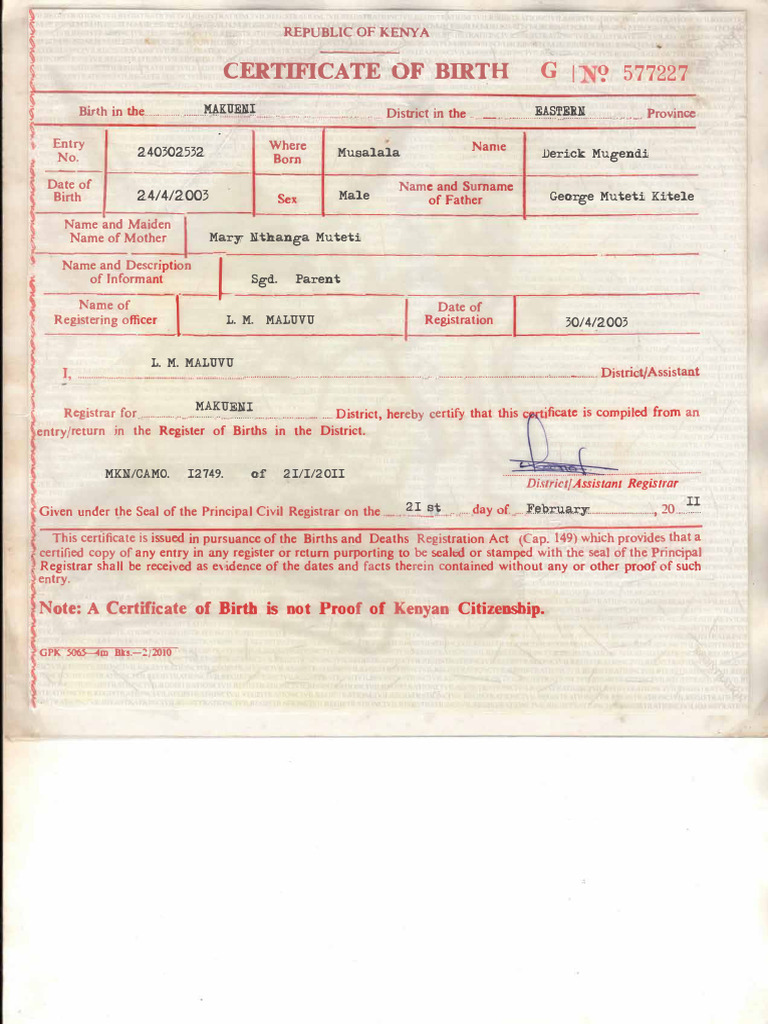 Kenyan Birth Certificate | PDF | Legal Documents | Civil Law (Common Law)
