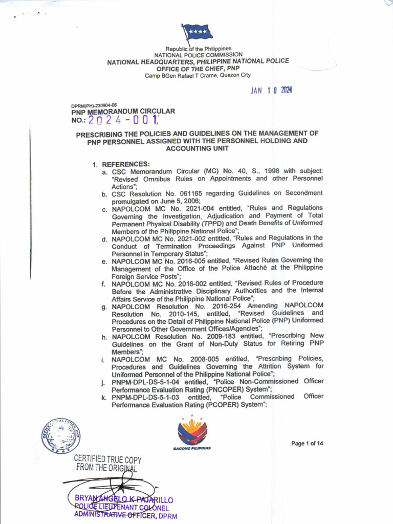 PNP MC 2024 001 Prescribing The Policies and Guidelines On The Management of PNP Personnel ...
