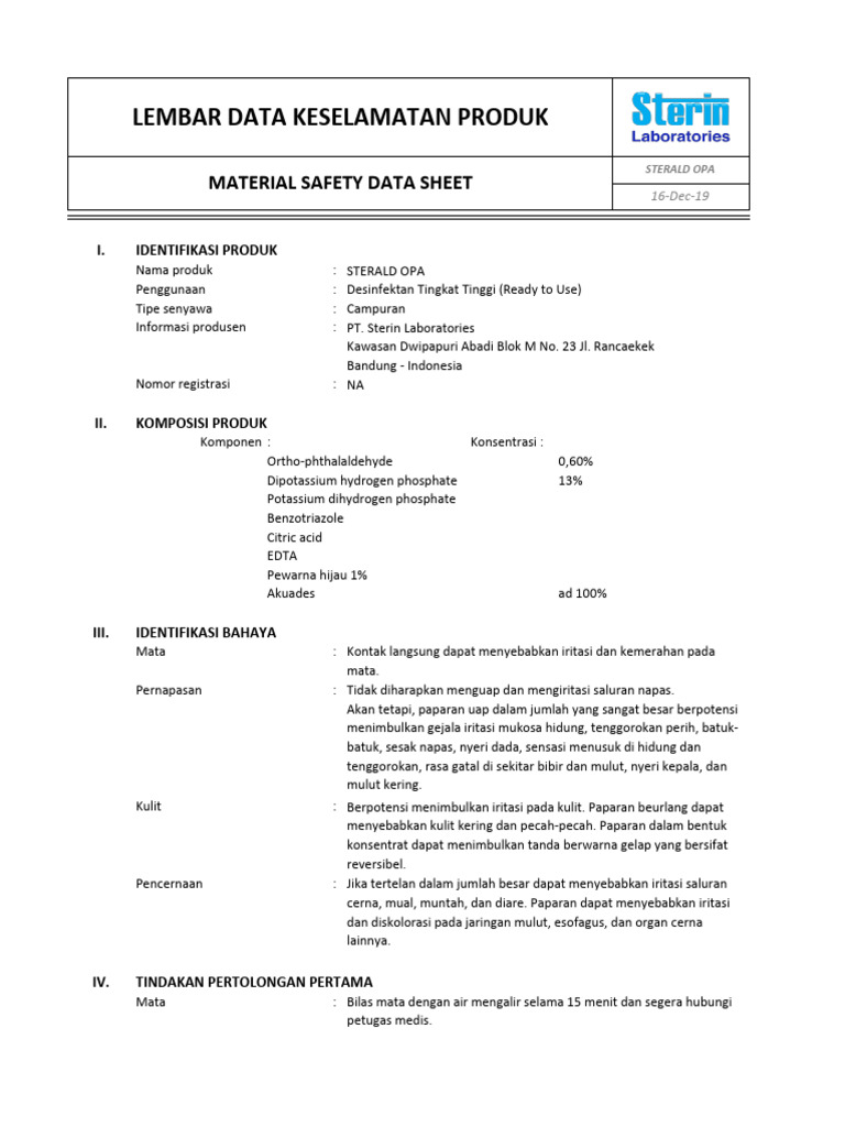 MSDS Sterald OPA Solution (Ready To Use) 29012020 | PDF