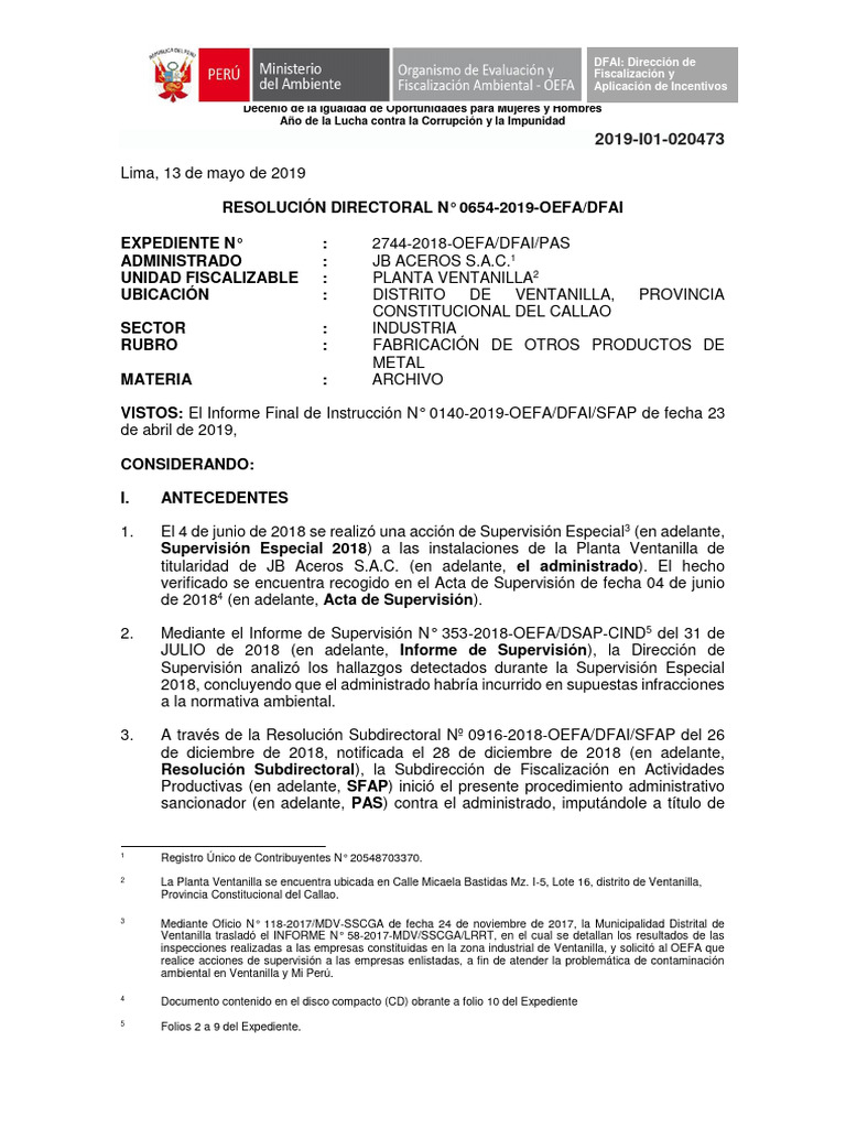 Resolución #0654 2019 OEFA DFAI | PDF | Sustentabilidad | Regulación