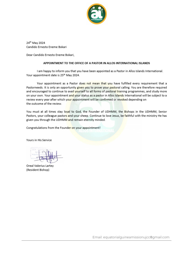 Appointment Letter for Pastor Role | PDF | Self-Improvement | Religion ...