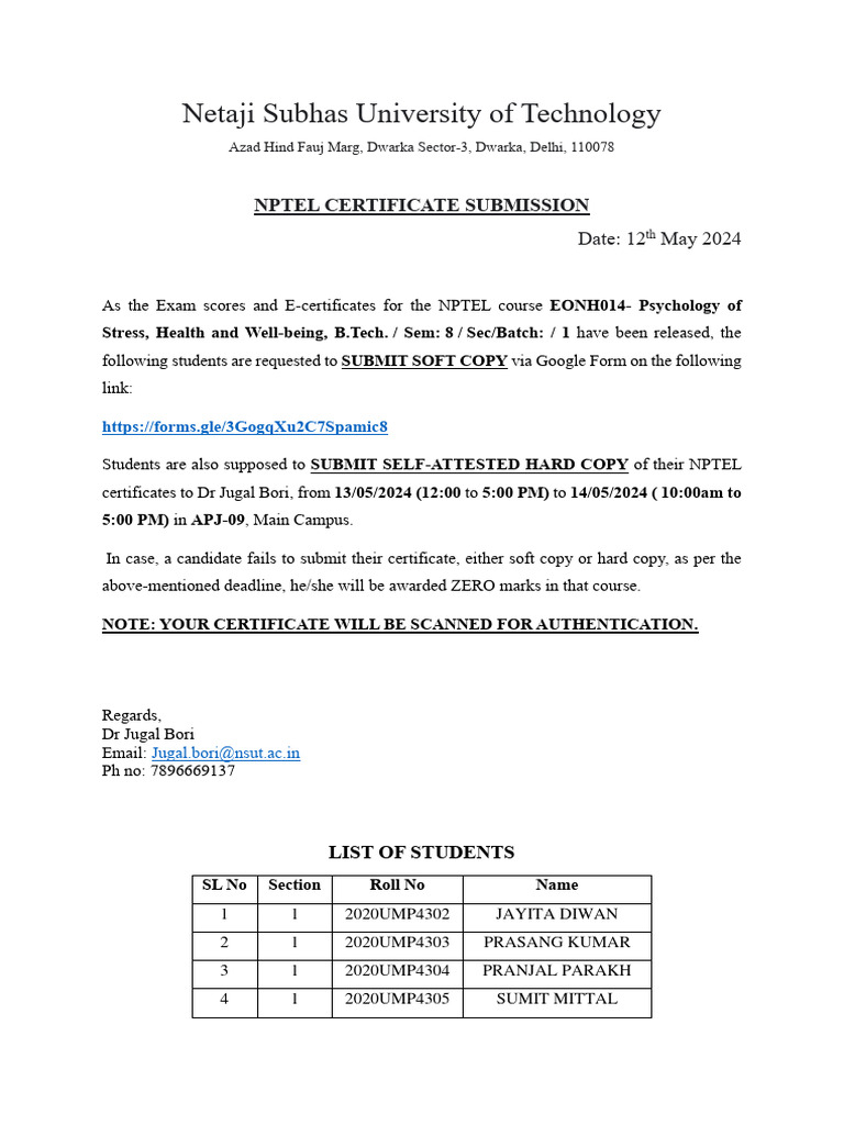 NPTEL Certificate Submission - EONH014 - Psychology of Stress, Health ...