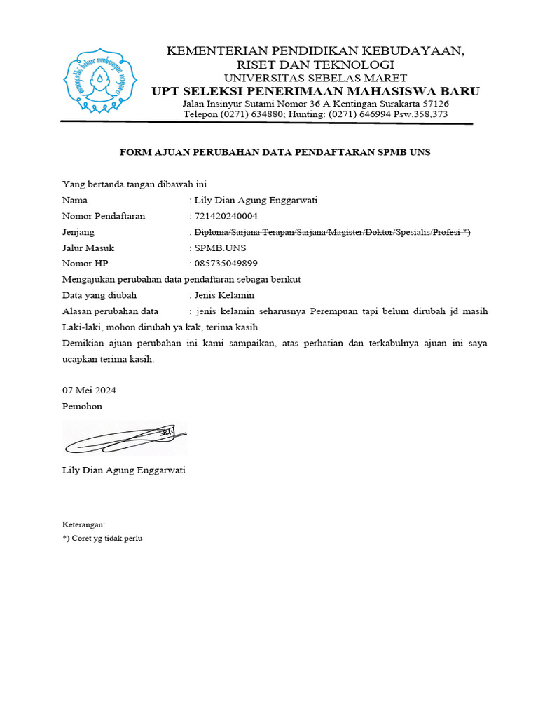 Form Ajuan Perubahan Data Pendaftaran SPMB | PDF