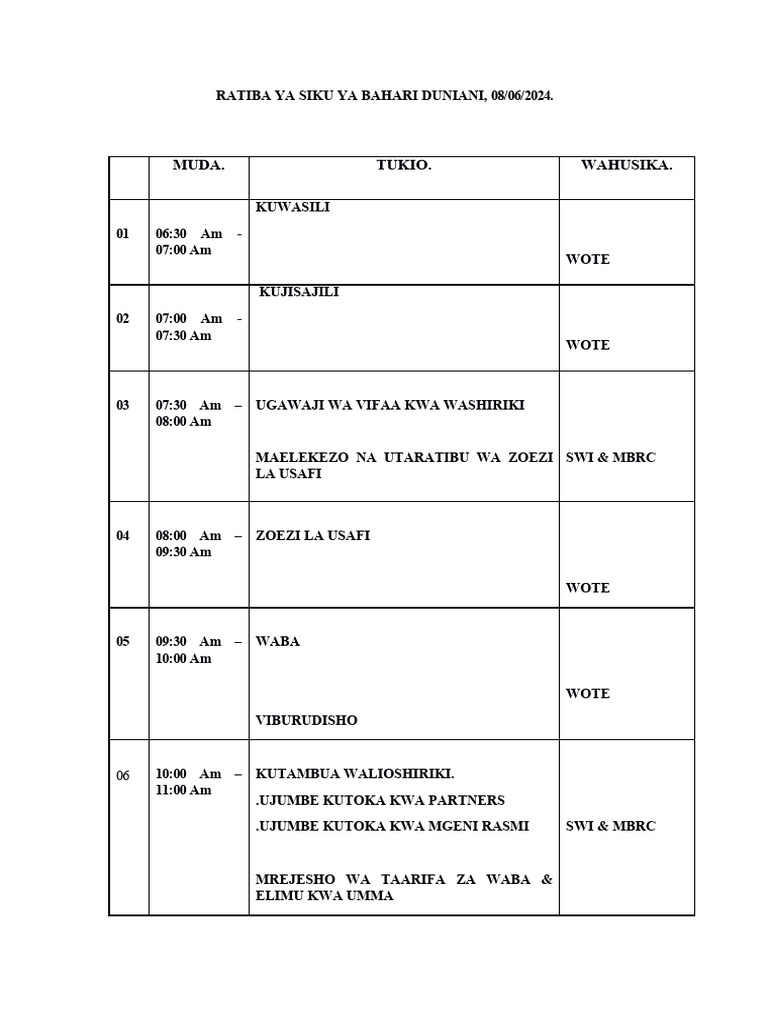 Ratiba Ya Usafi | PDF