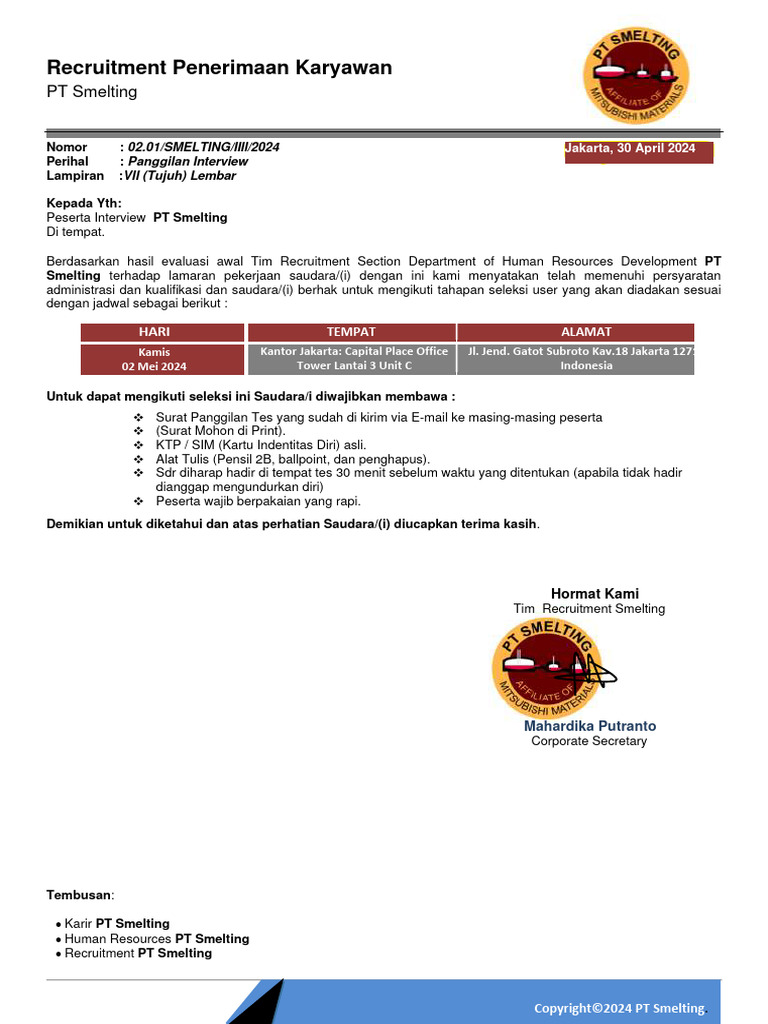 Surat Interview PT Smelting | PDF