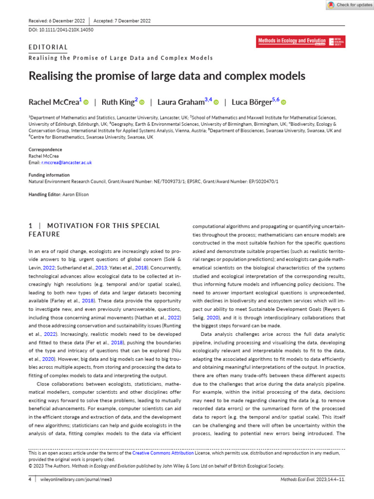 Methods Ecol Evol - 2023 - McCrea - Realising The Promise of Large Data and Complex Models | PDF ...
