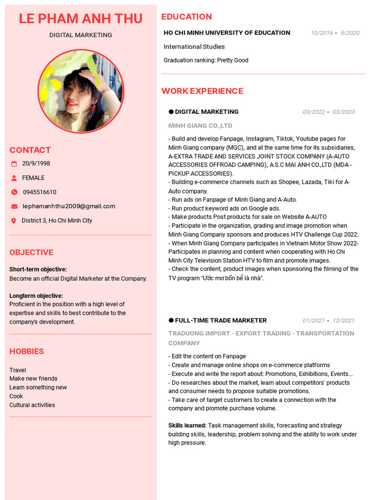 CV - Le Pham Anh Thu - Digital Marketing | PDF | Sales | Marketing