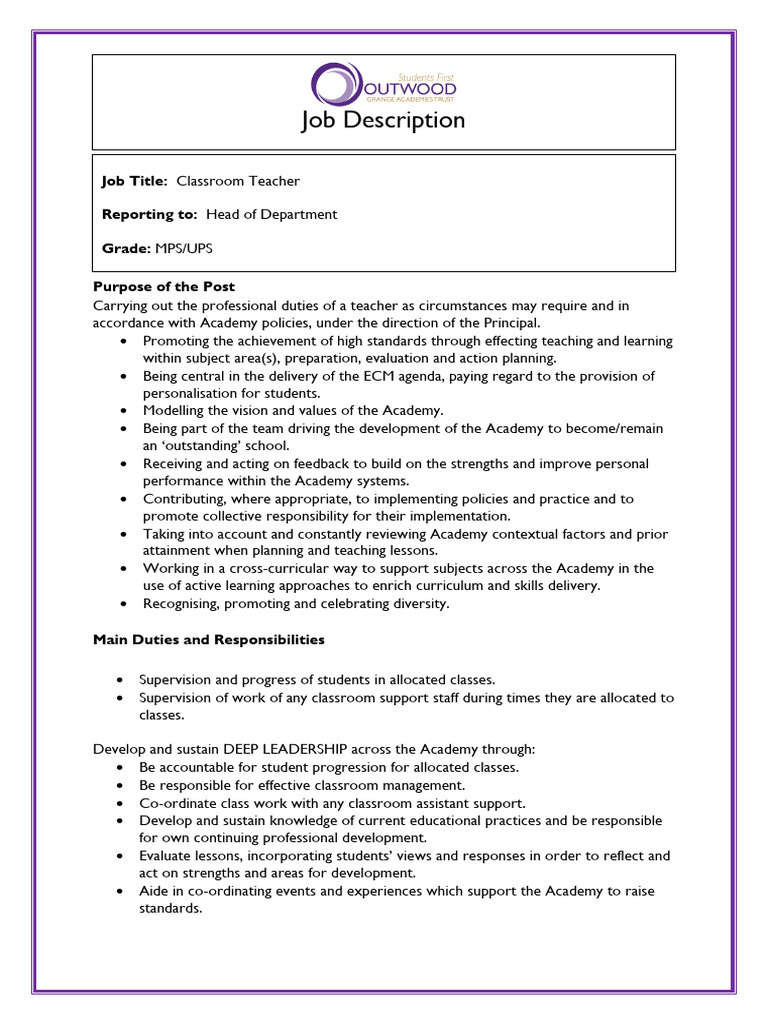 Job Description. Maths Teacher | PDF | Educational Assessment | Teachers