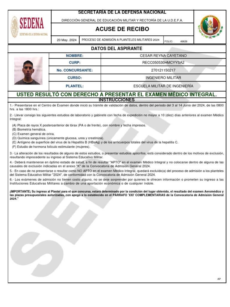 Acuse de Recibo: Usted Resultó Con Derecho A Presentar El Examen Médico Integral | PDF ...