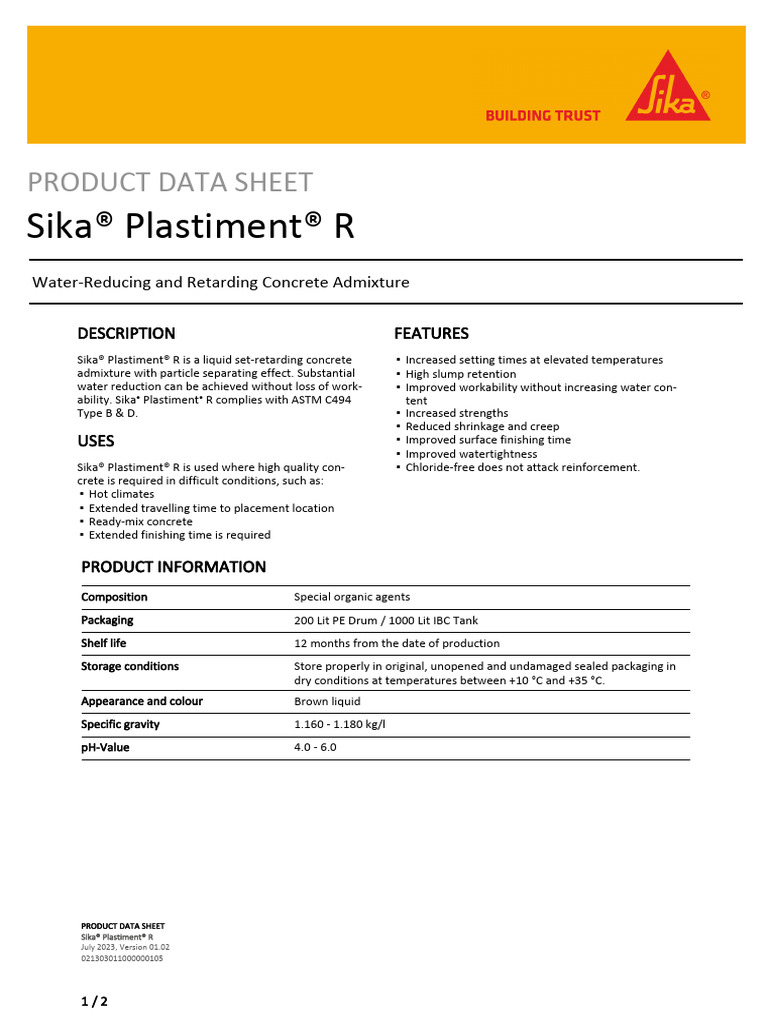 Sika Plastiment R | PDF | Concrete | Civil Engineering