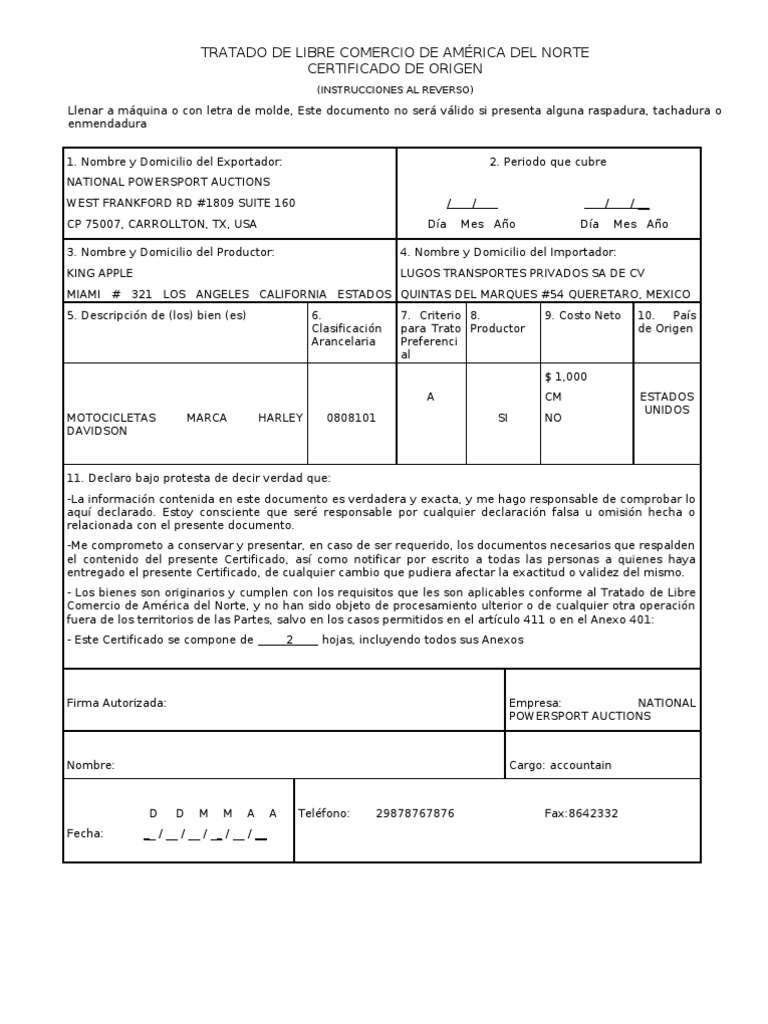 CERTIFICADO DE ORIGEN | Tratado de Libre Comercio Norteamericano ...
