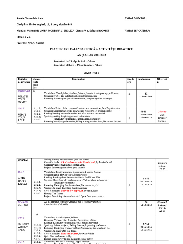 Planificare Calendaristica Cls V Limba Engleza | PDF | Linguistics | Languages