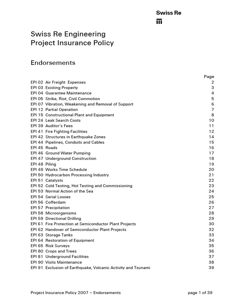 Swiss Re Engineering Project Insurance Endorsements - 2007 | PDF ...