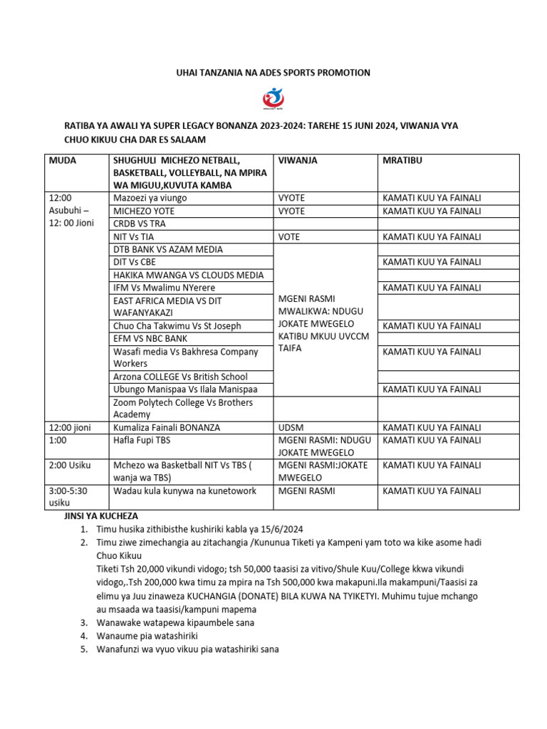 Ratiba Ya Wali Ya Fainali Super Bonanza Na Super Legacy Cup | PDF