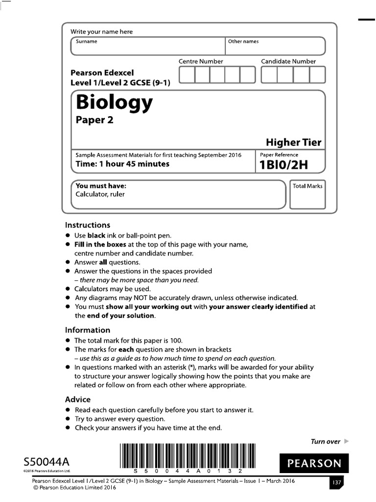 Specimen QP Paper 2 (H) Edexcel Biology GCSE | PDF