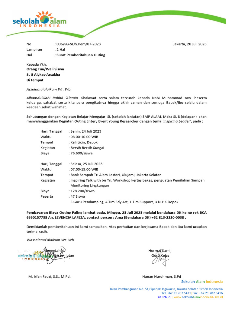 Surat Pemberitahuan Outing Edy Art Dan Ulu Jami | PDF