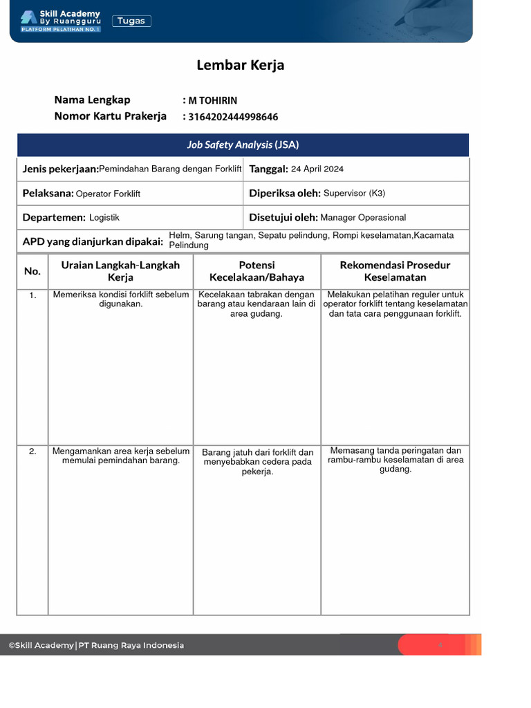 Job Safety Analysis - (M TOHIRIN) | PDF