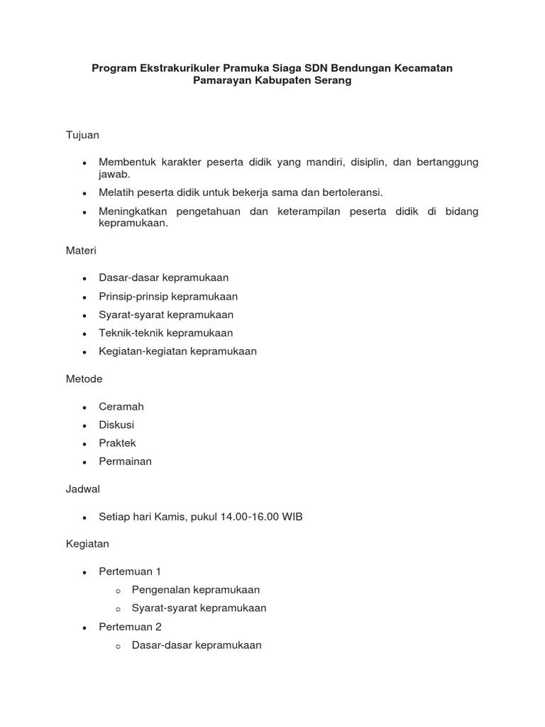 Program Ekstrakurikuler Pramuka Siaga SDN Bendungan Kecamatan Pamarayan Kabupaten Serang | PDF