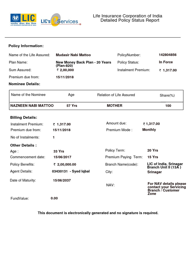 LIC Policy Status Report - Plan 820 | PDF | Business | Law