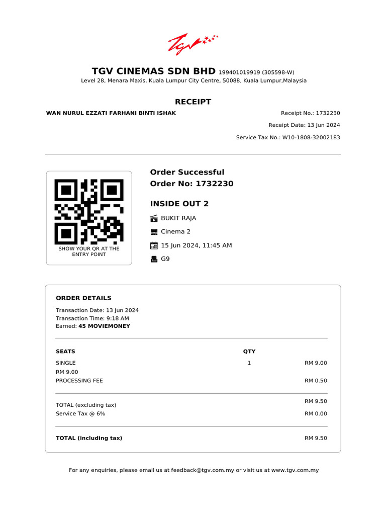TGV Cinemas Receipt: Inside Out 2 Booking | PDF