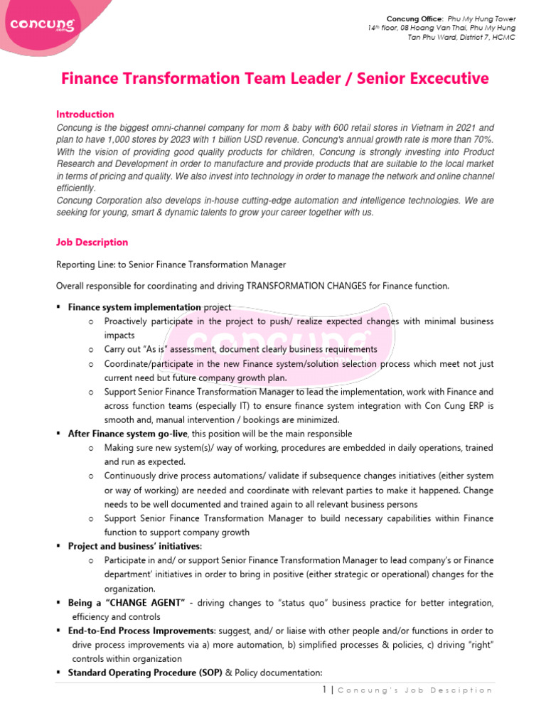 JD - Finance Transformation Team Leader | PDF | Automation | Business