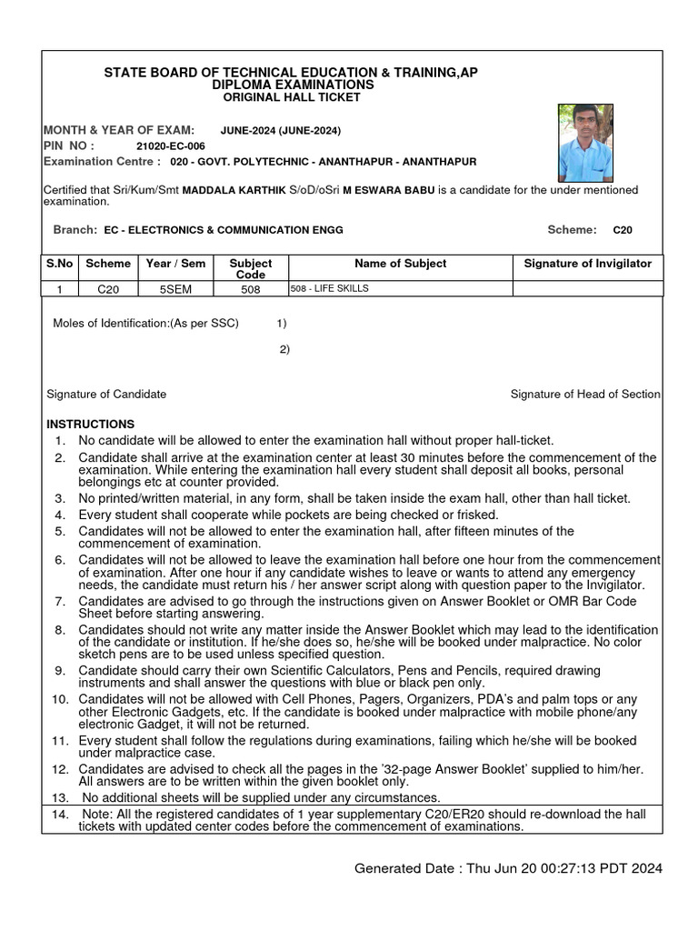 C20 21020-Ec-006 Hallticket 2024 | PDF