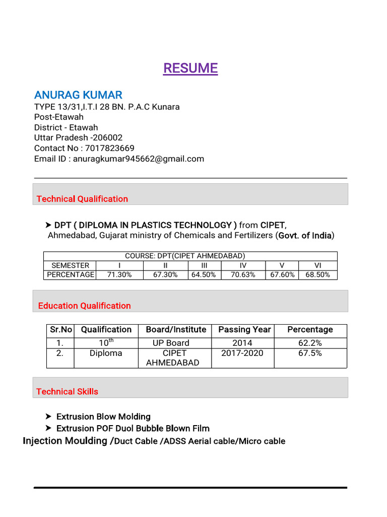 Anurag Kumar CV | PDF | Materials | Secondary Sector Of The Economy