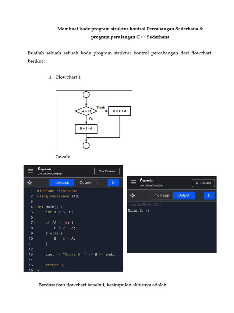 Membuat kode program struktur kontrol Percabangan Sederhana & program perulangan C++ Sederhana-1 ...