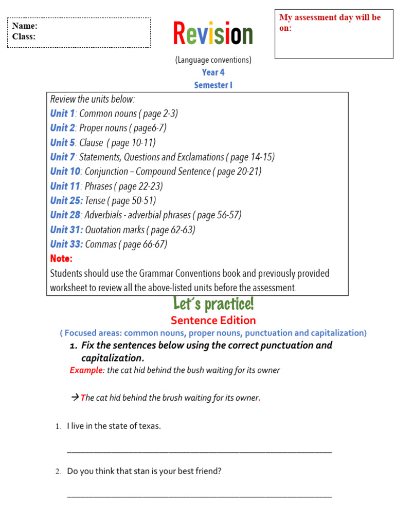 Grammar - Year 4 - Semester 1 - Week 15 | PDF | Sentence (Linguistics ...