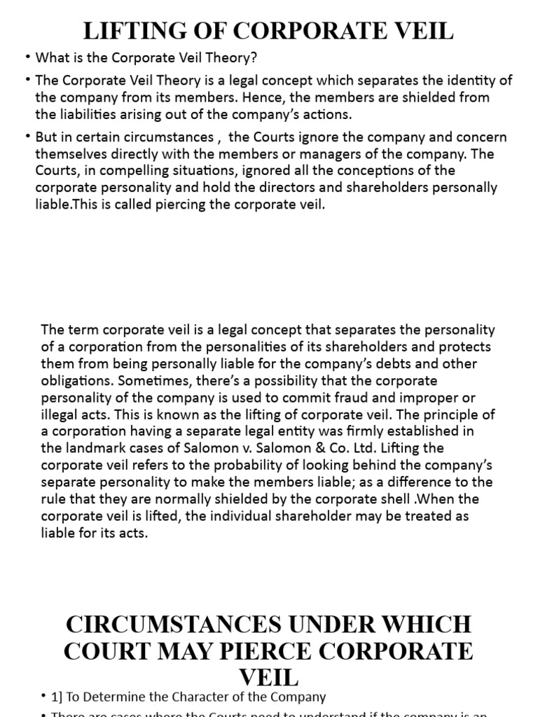 (L-19) Lifting of Corporate Veil, Doctrine of Indoor MGT | PDF | Piercing The Corporate Veil ...