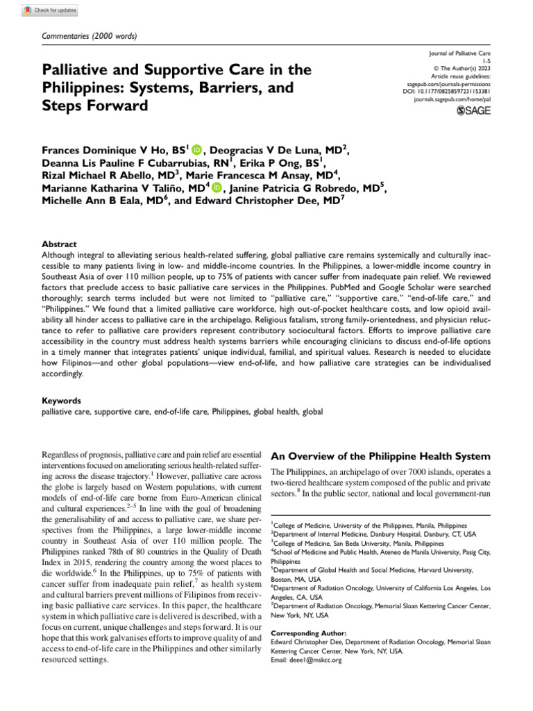 Palliative and supportive care in the Philippines, systems, barriers, step forward (2023 ...
