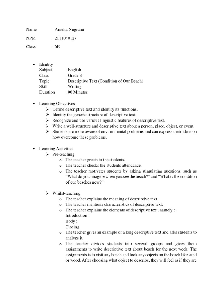 Descriptive Text Lesson Plan for Beach | PDF | Teachers | Learning