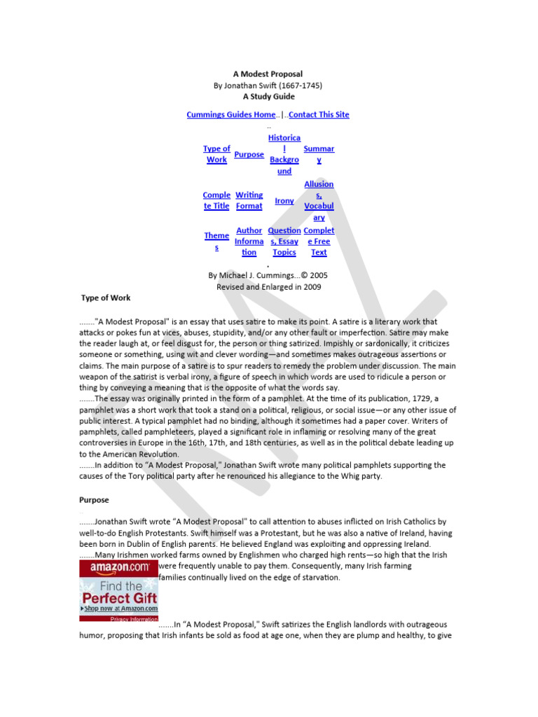 A Modest Proposal by Jonathan Swift | PDF | Satire | Jonathan Swift