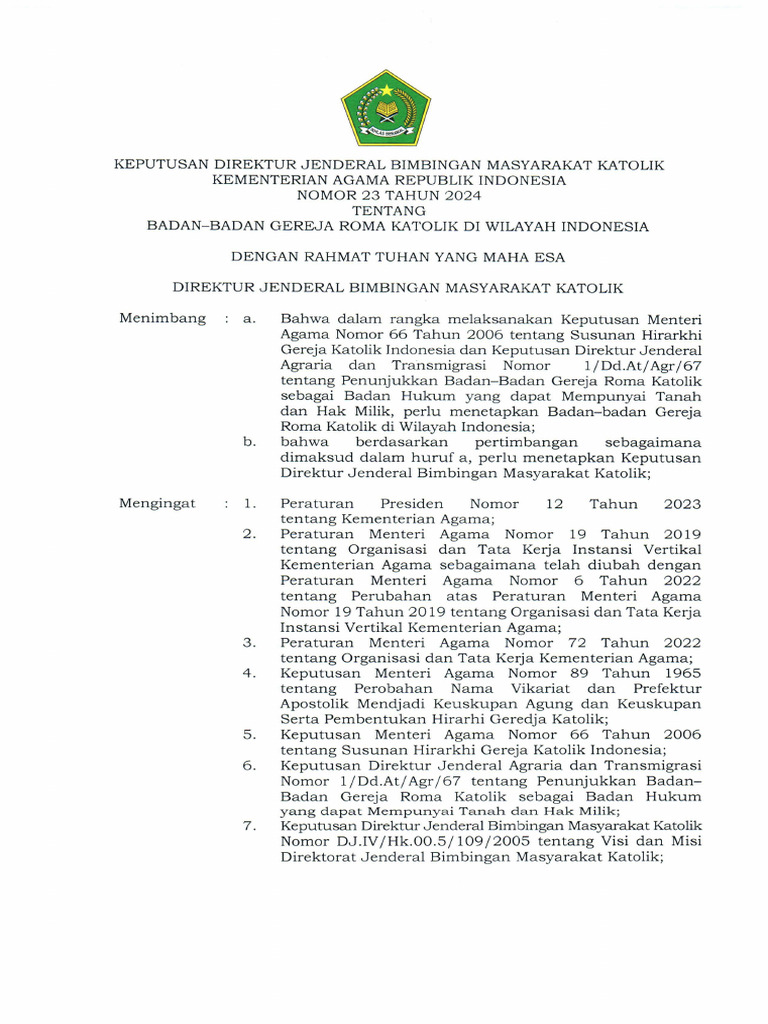 SK Dirjen Bimas Katolik Nomor 23 Tahun 2024 | PDF