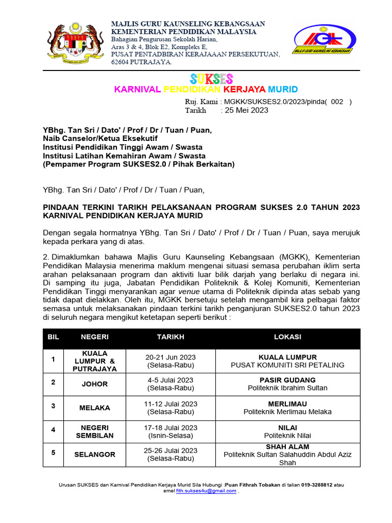 Surat Pindaan Terkini Tarikh Pelaksanaan Sukses2.0 - Mei2023 | PDF