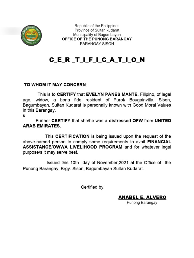 Barangay Low Income Certification Samples | PDF
