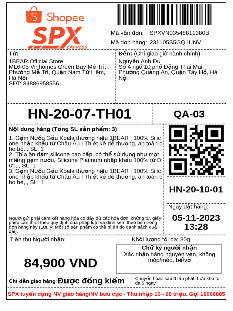 HN-20-07-TH01: T ừ: Đ ến: (Chỉ giao giờ hành chính) | PDF