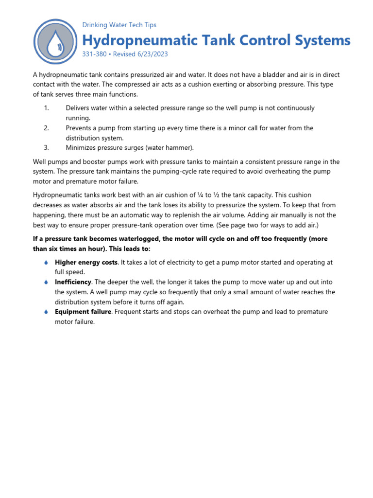 Hydropneumatic Tank Control Systems: Drinking Water Tech Tips | PDF ...