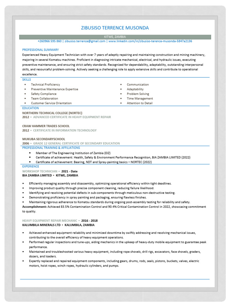 Emailing ZIBUSISO TERENCE MUSONDA Resume 2 - 072215 | PDF | Heavy ...