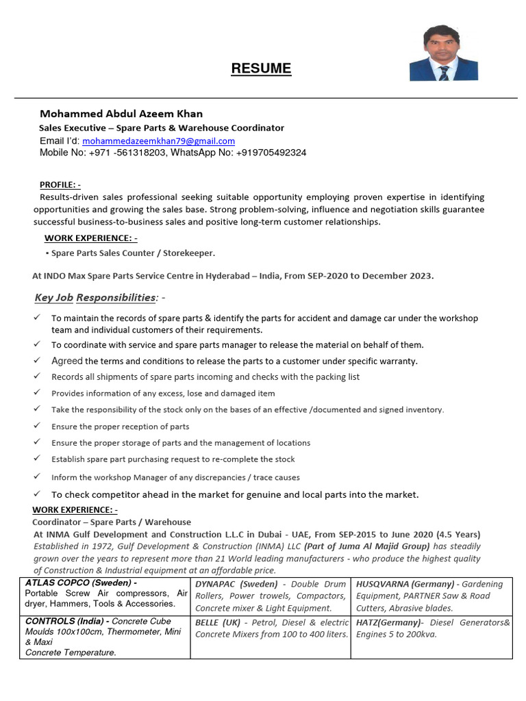 Resume Mohammed Abdul Azeem Khan | PDF | Nissan | Sales