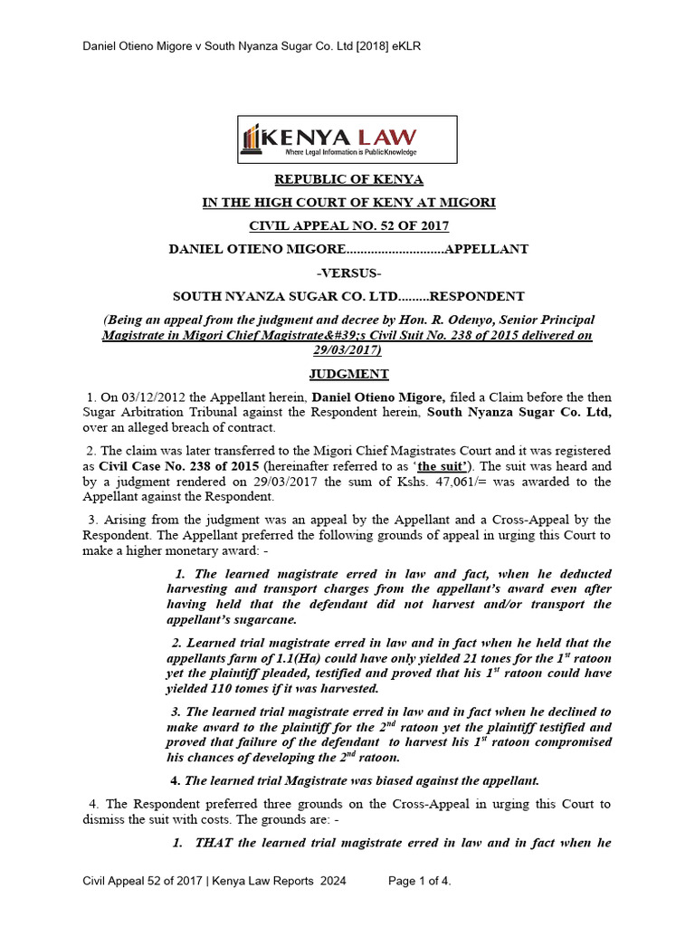 Migore v South Nyanza Sugar Appeal | PDF | Lawsuit | Judgment (Law)