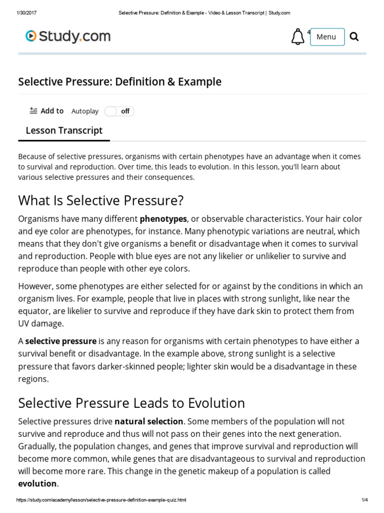 Selective Pressure - Definition & Example - Video & Lesson Transcript ... Selective Pressure - Definition & Example - Video & Lesson Transcript ...