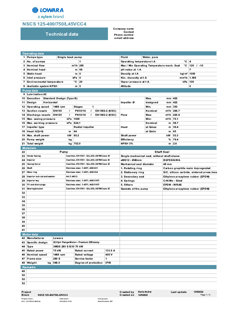 Fisa Pompa NSCS 125-400 750 L45VCC4 2 PIVOTI | PDF | Pump | Materials