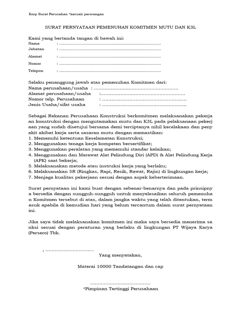 Format Surat Pernyataan Pemenuhan Komitmen Mutu & Komitmen | PDF