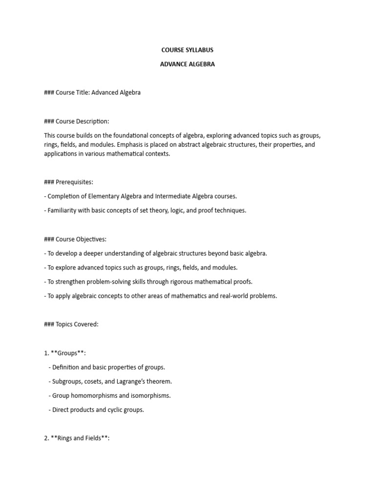 COURSE SYLLABUS Advance Algebra | PDF | Module (Mathematics) | Ring ...