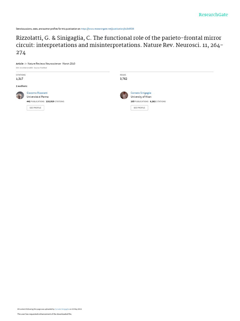 Rizzolatti NatureRevNeurosci10 | PDF | Parietal Lobe | Cerebral Cortex